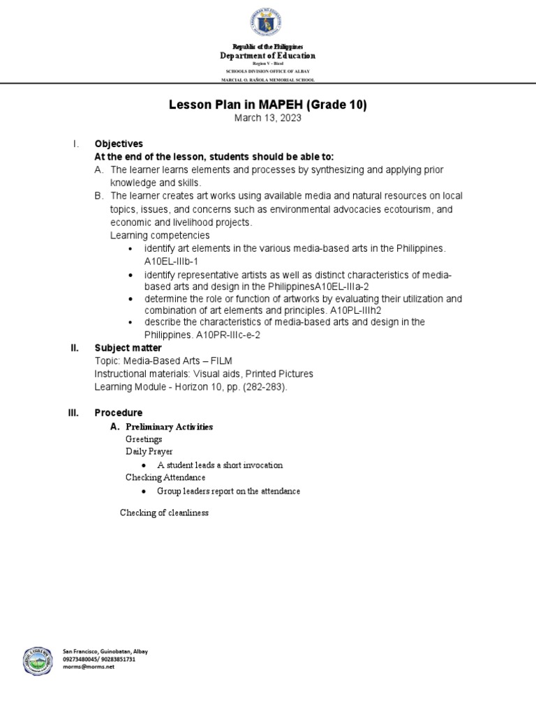 Film in MAPEH: Grade 10 Lesson Plan | PDF | Cinematography