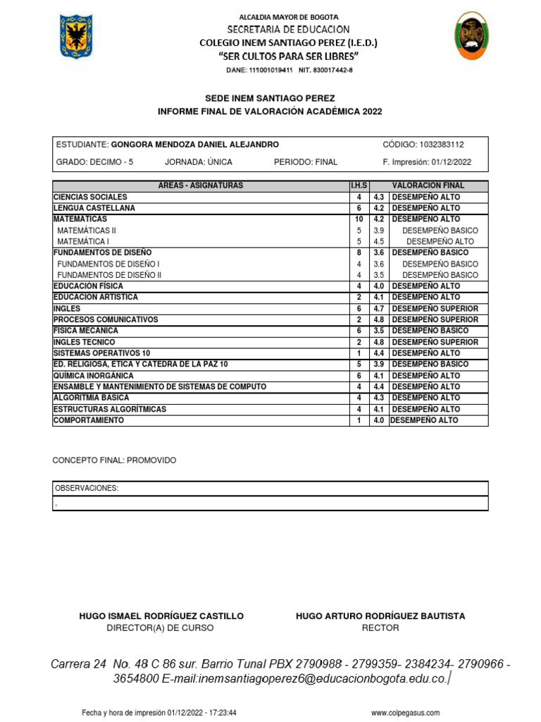 Sede Inem Santiago Perez Informe Final de Valoración Académica 2022 | PDF | Science
