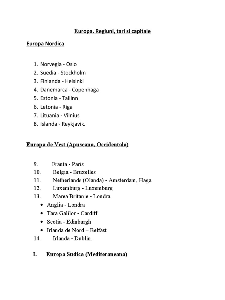Europa. Regiuni, Tari Si Capitale | PDF | Deportes y actividades al ...