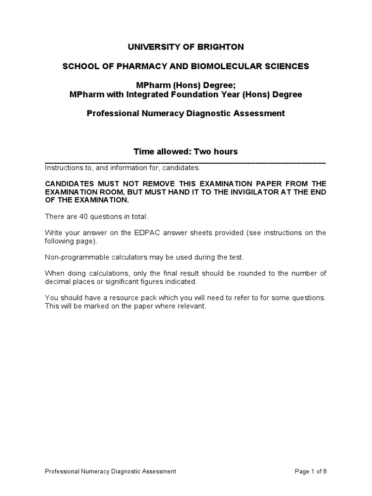 University of Brighton Professional Numeracy Diagnostic Assessment ...