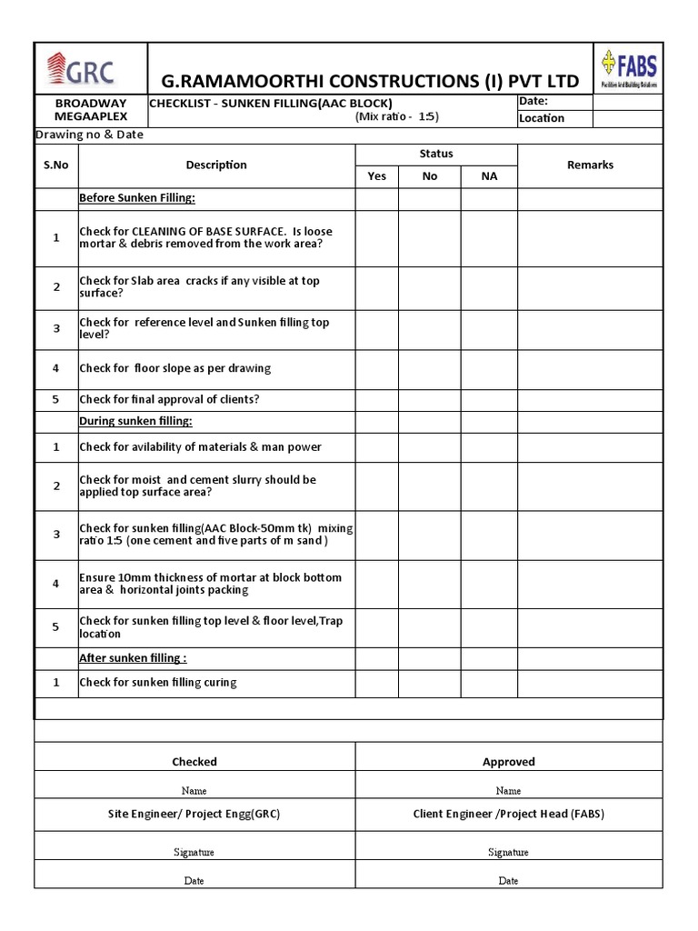 Sunken Filling Checklist | PDF