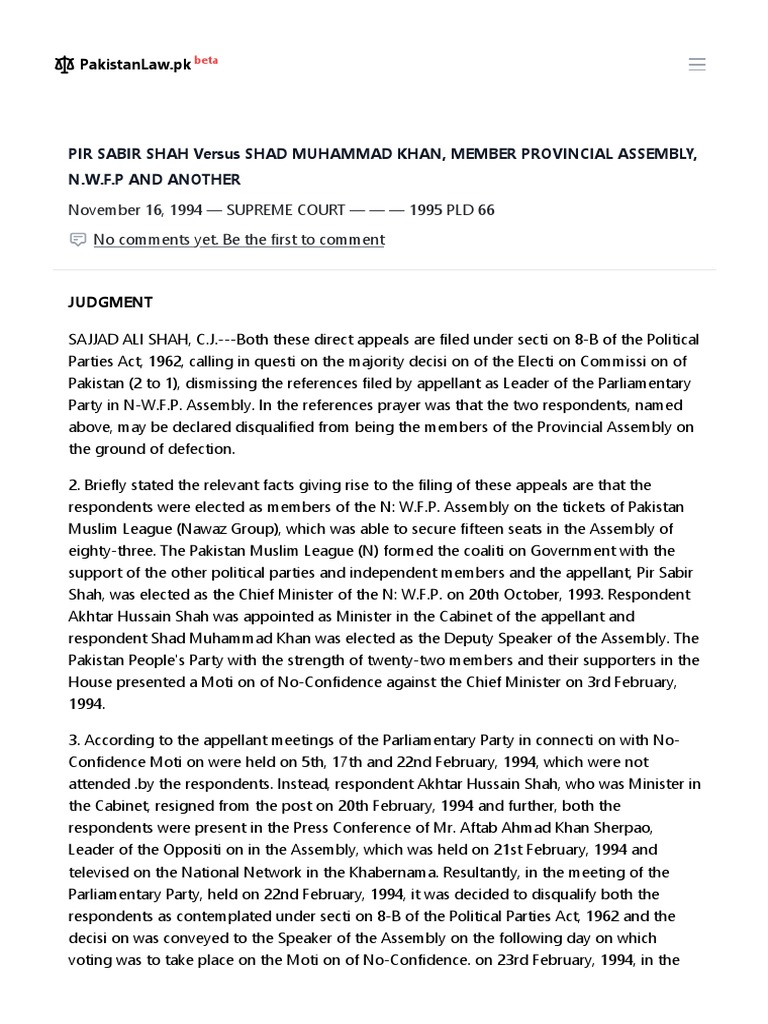 Pir Sabir Shah v. Shad Muhammad Khan MPA (NWFP) and Anr., PLD 1995 SC ...