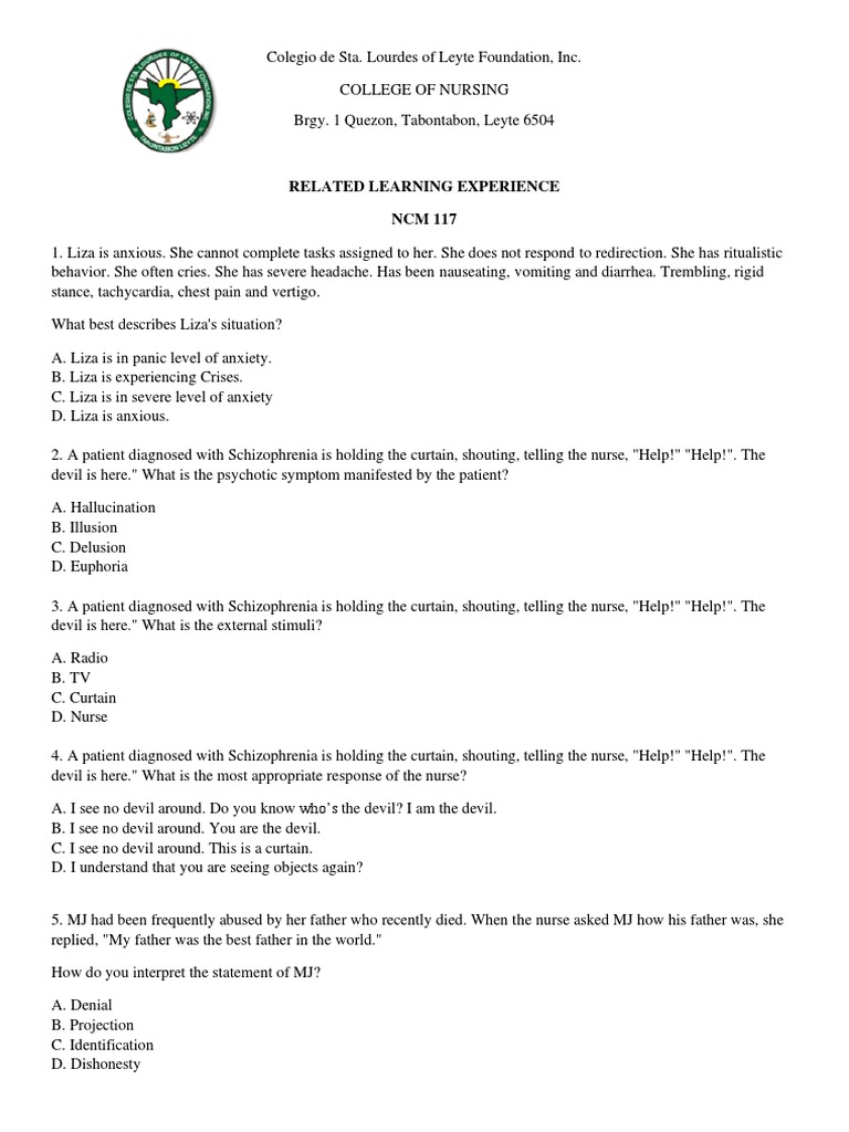 NCM 117 Rle 323 | Download Free PDF | Anxiety | Delusion