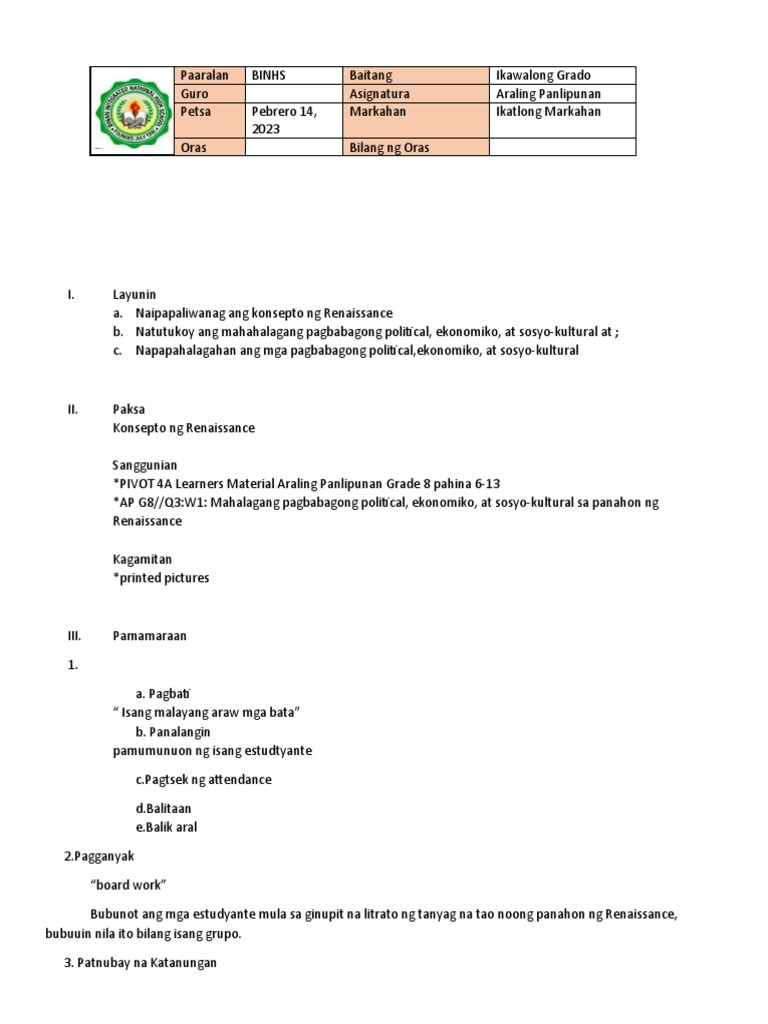 LESSON PLAN pANAHON NG RENAISSANCE | PDF