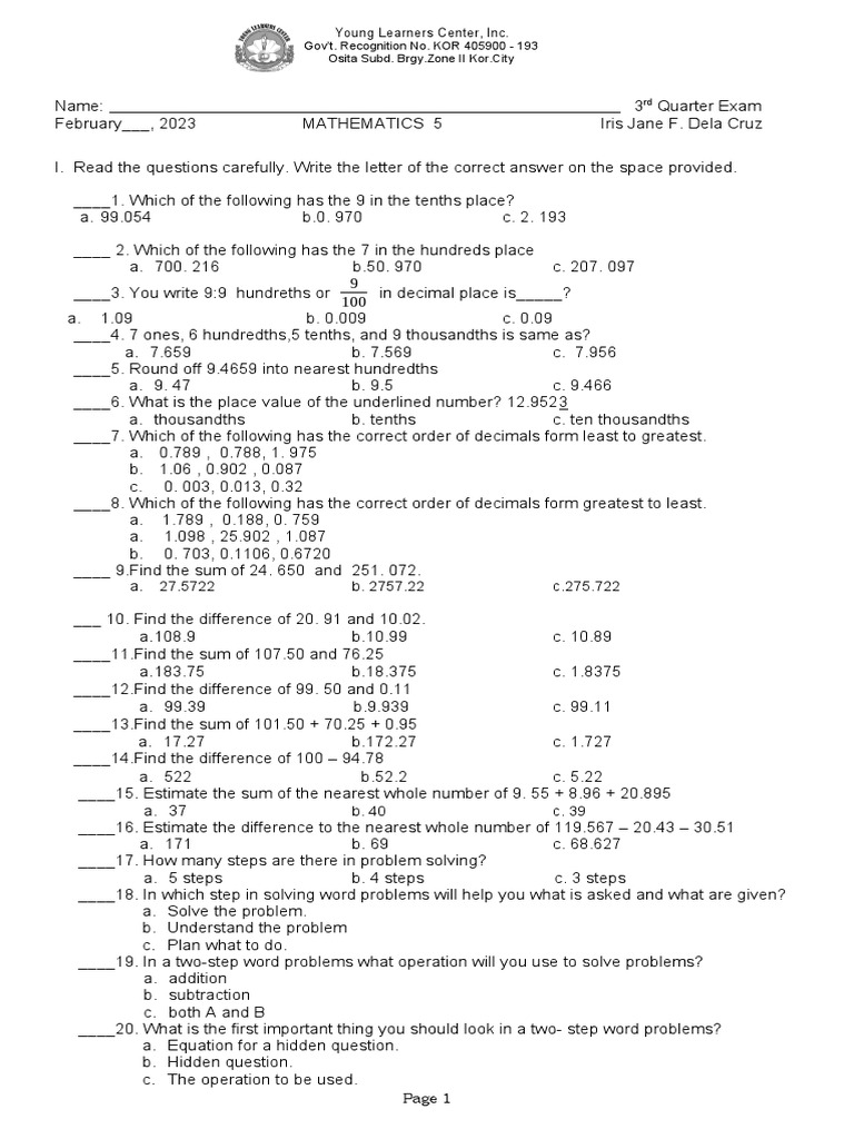 Grade 5 Math 3rd Quarter Pdf Numbers Mathematical Concepts