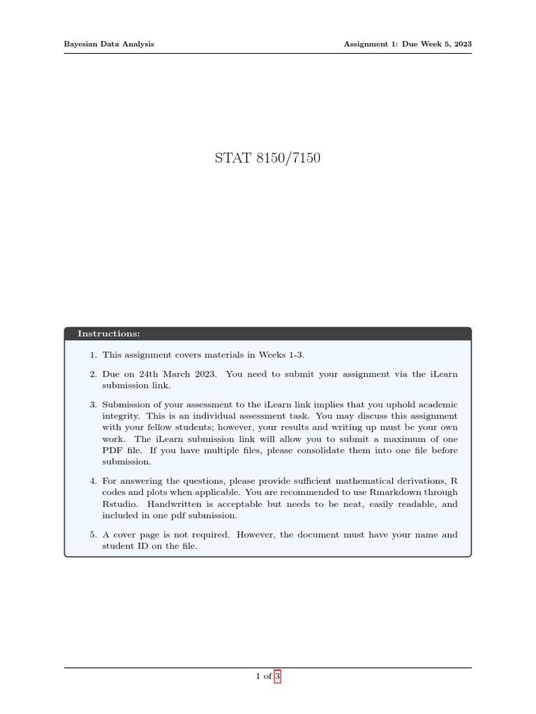 Bayesian Data Analysis Assignment: Due Week 5 | PDF | Probability | Applied Mathematics