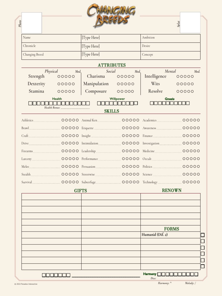 W5 Character Sheet (Changing Breeds) | PDF