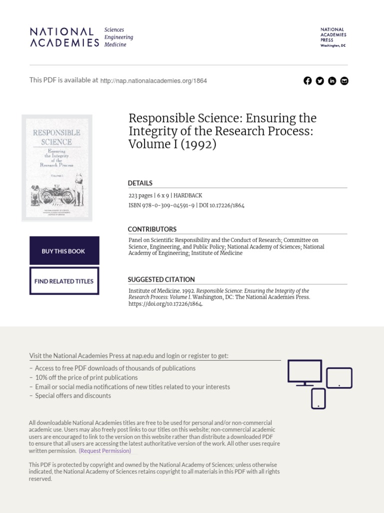 Responsible Science: Ensuring The Integrity of The Research Process: Volume I (1992) | Download ...