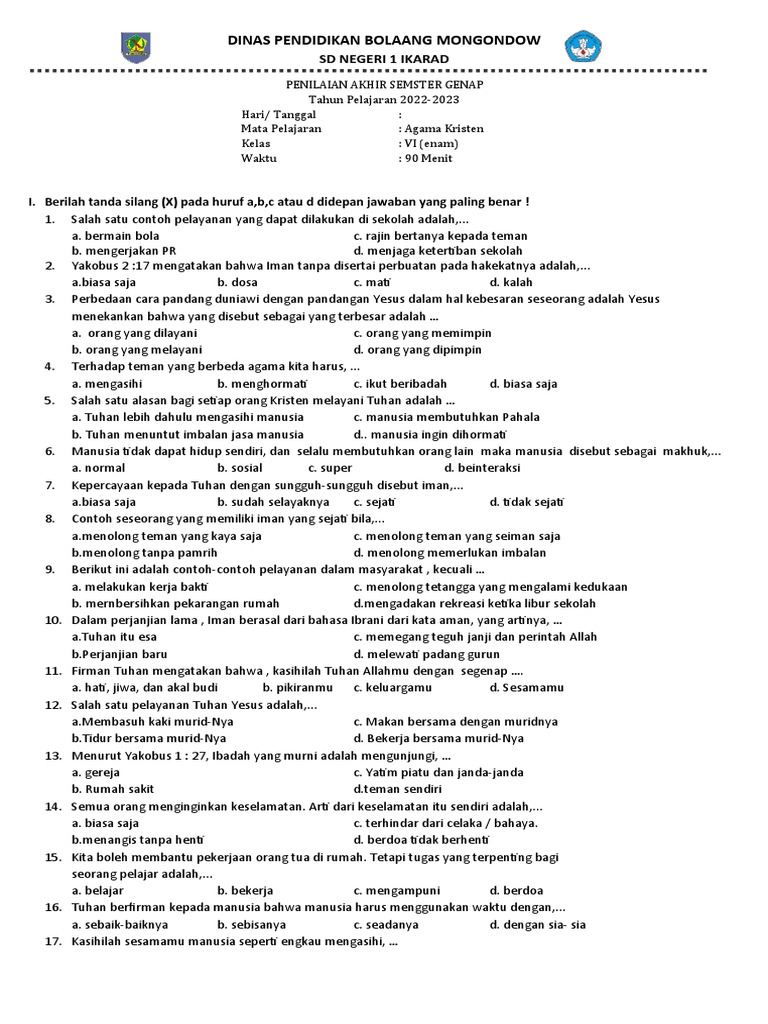 1a.soal PA Kristen Kls 6 | PDF