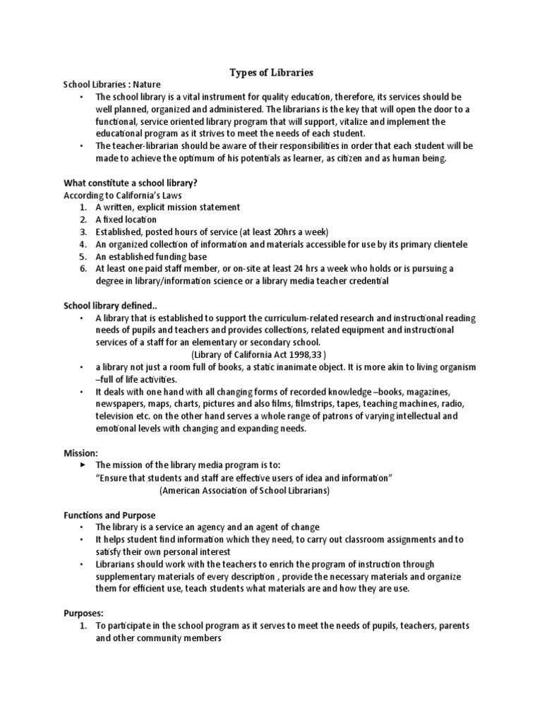 Types of Libraries | PDF | Libraries | School Library