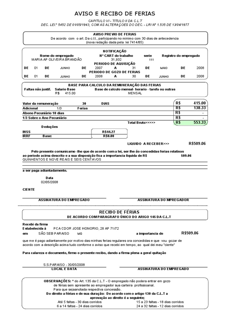 Modelo de Aviso e Recibo de Férias | PDF | Férias trabalhistas ...