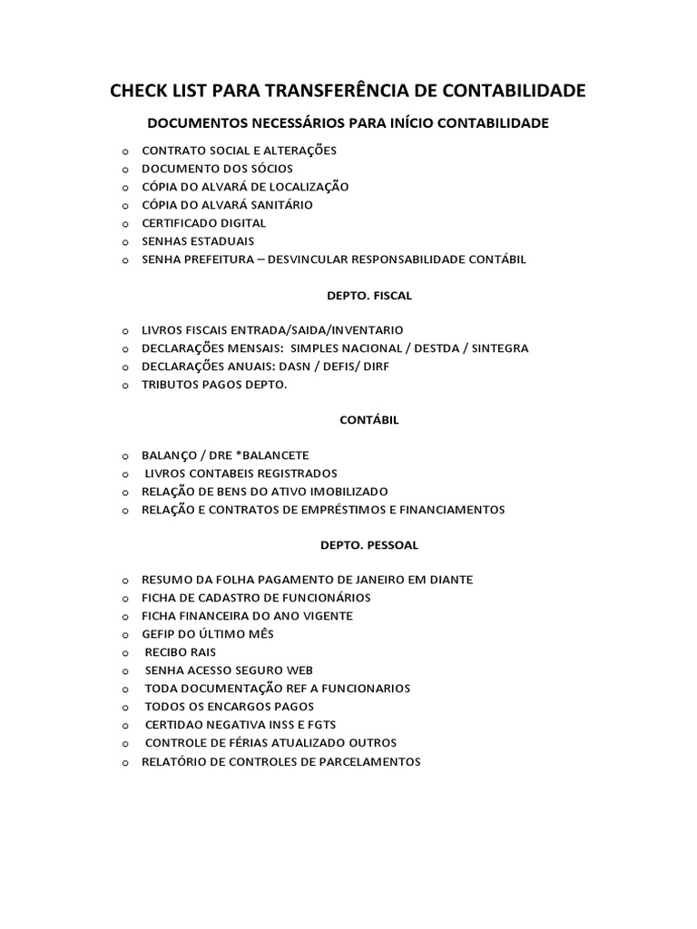 Check List para Transferência de Contabilidade | PDF