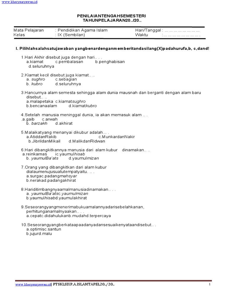 1 - Soal PTS PAI Kelas IX Ganjil | PDF