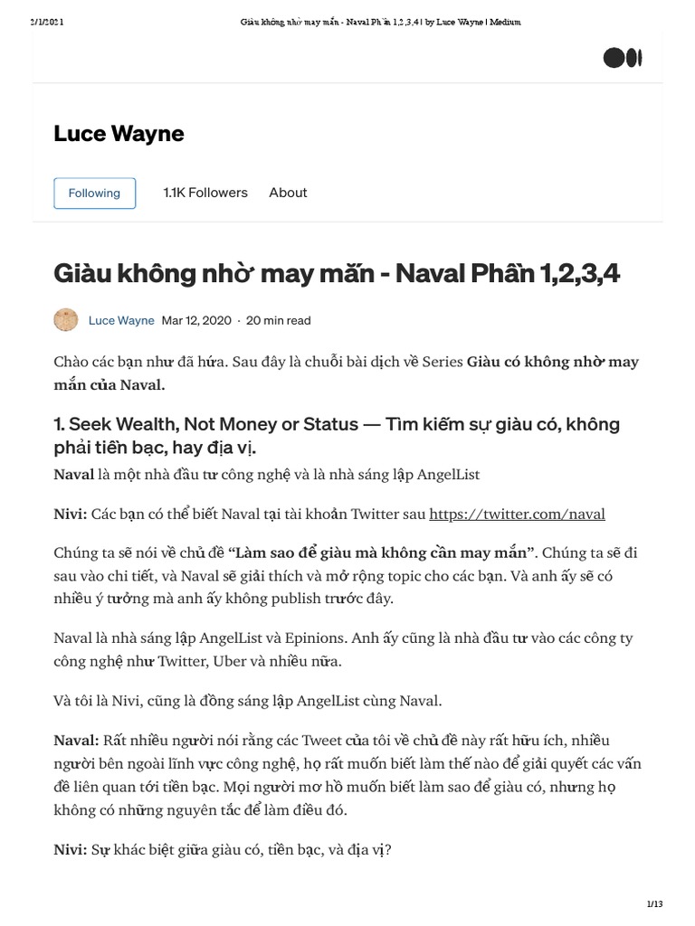 Giàu Không Nhờ May Mắn - Naval by Luce Wayne PDF | PDF
