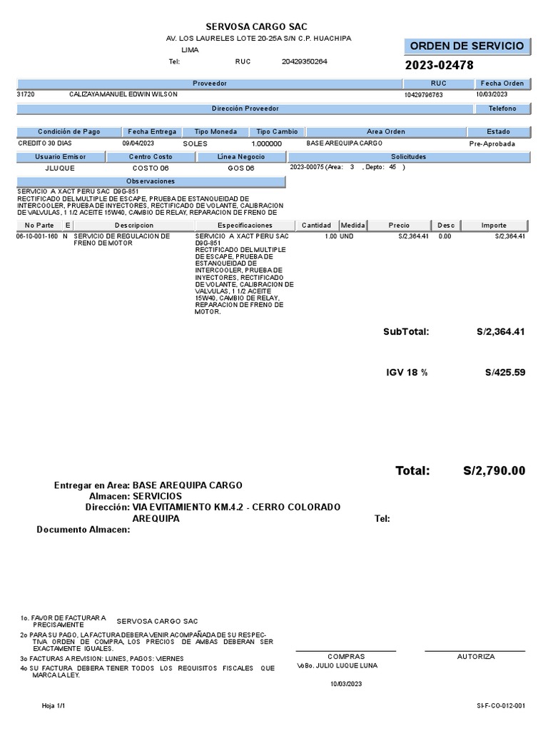 Orden Servicio Rectificación Motor | PDF