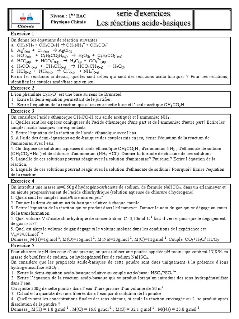 6 Exercices Réactions Acido-Basique 1 | PDF | Ammonium | Acide