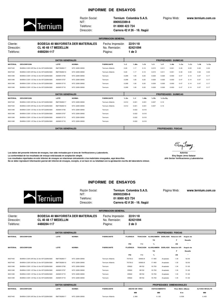 Certificado Varillas de 3-8 y 1-2 Enero 2022 | PDF