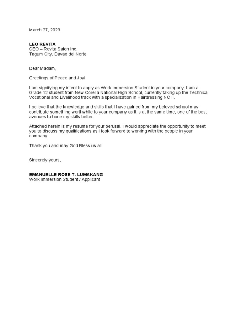 Work Immersion Student Application | PDF