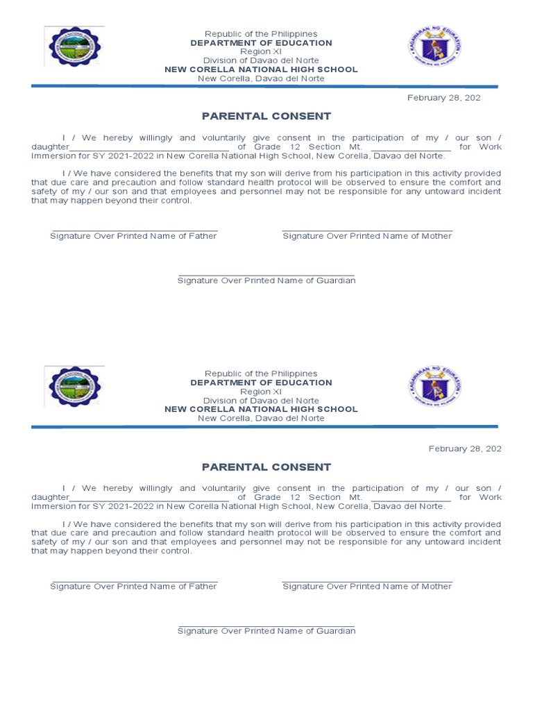 Parental Consent for Work Immersion 2021 | PDF | Safety