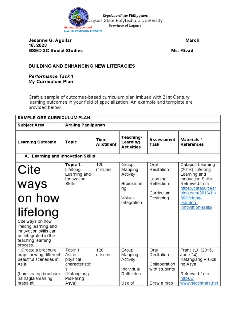 Outcomes-Based Curriculum Plan | PDF | Learning