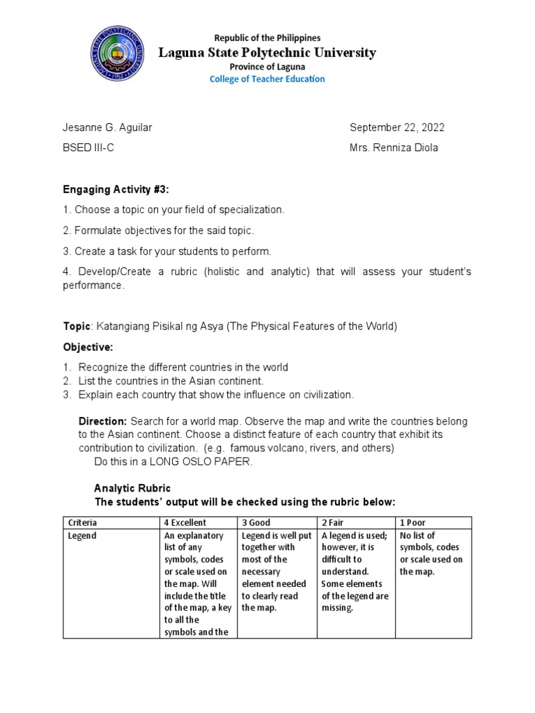 IIIC - PROFED 7 - Week6 - Draft - AguilarJesanneG | PDF | Rubric (Academic) | Cognitive Science