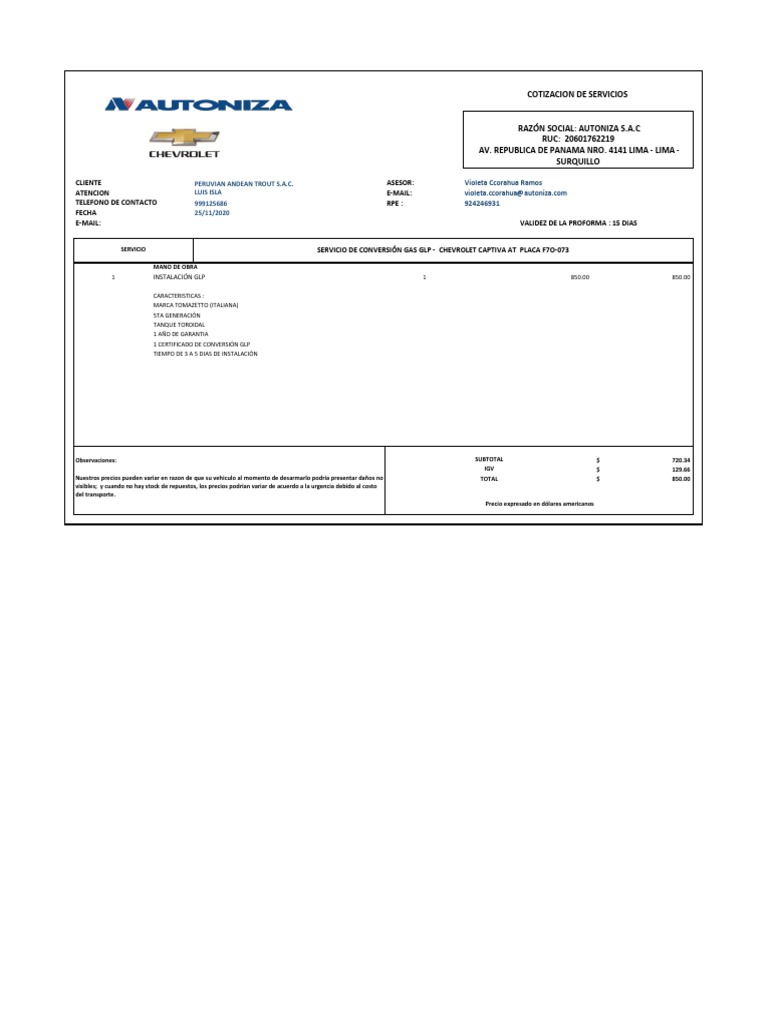 Servicio de Conversión Gas GLP - Chevrolet Captiva at Placa F7o-073 | PDF