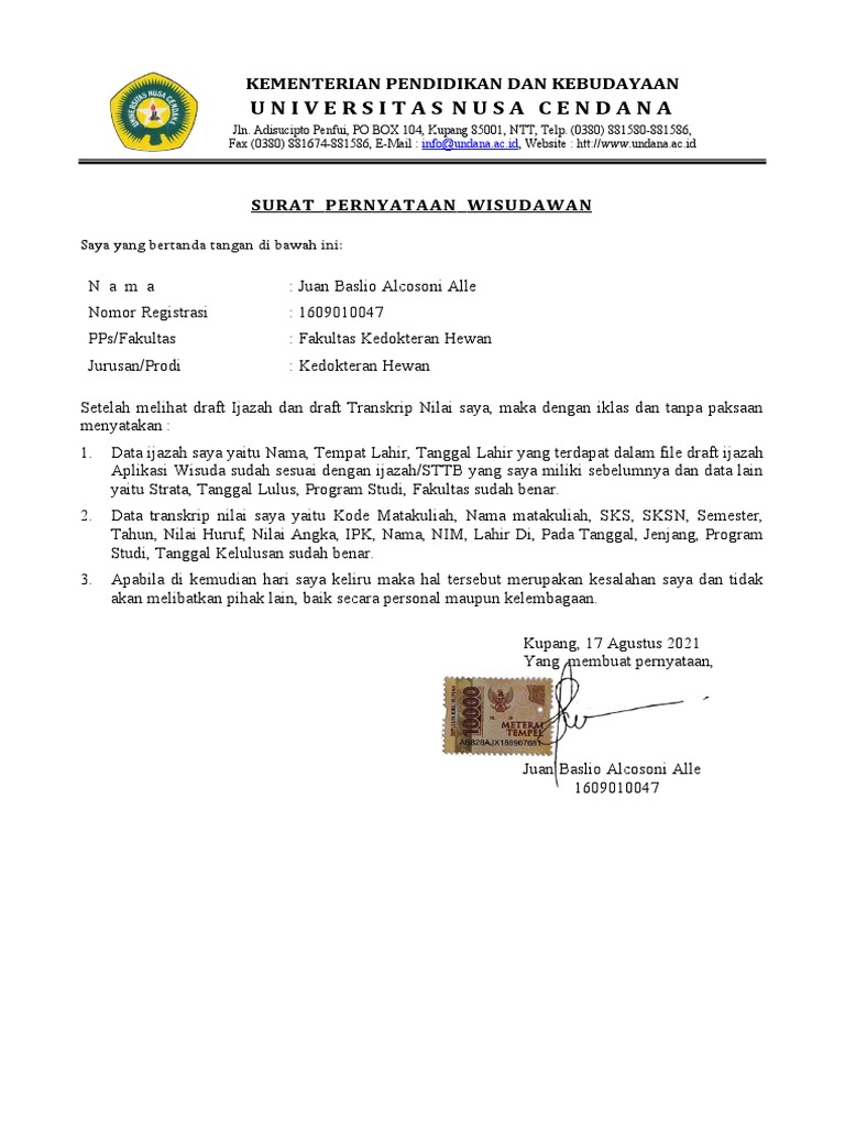Surat Pernyataan Calon Wisudawan | PDF