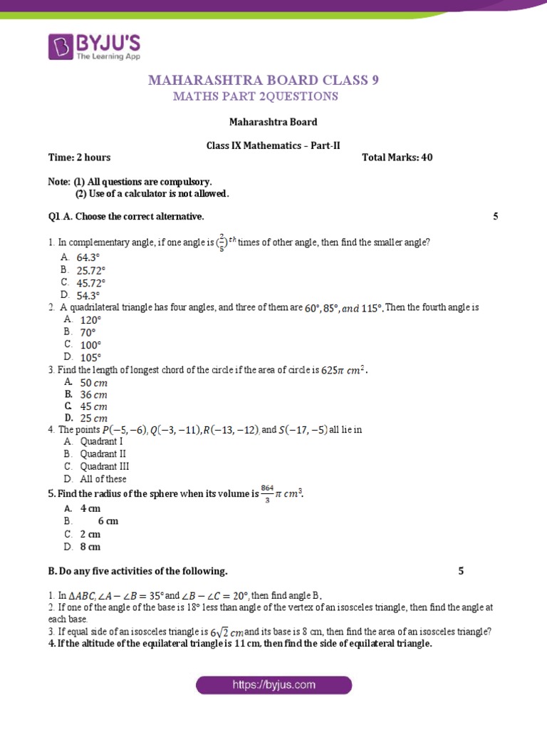 Maharashtra Board Class 9 Maths Sample Paper Part 2 Questions ...