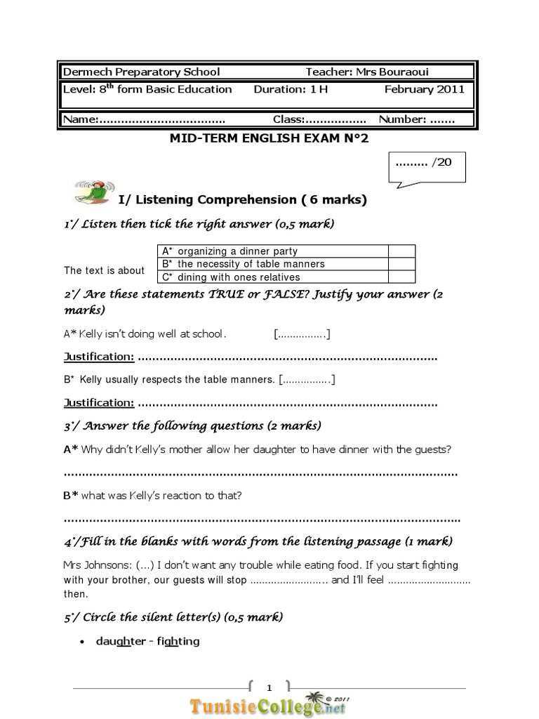 Devoir de Contrôle N°2 - Anglais - 8ème (2010-2011) | PDF | Restaurants | Foods