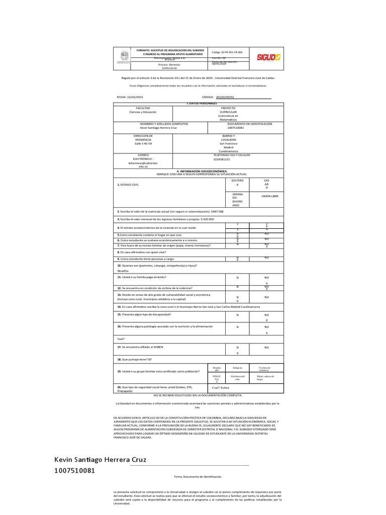 Formulario Sigud Bi-Pr-001-Fr-006 | PDF