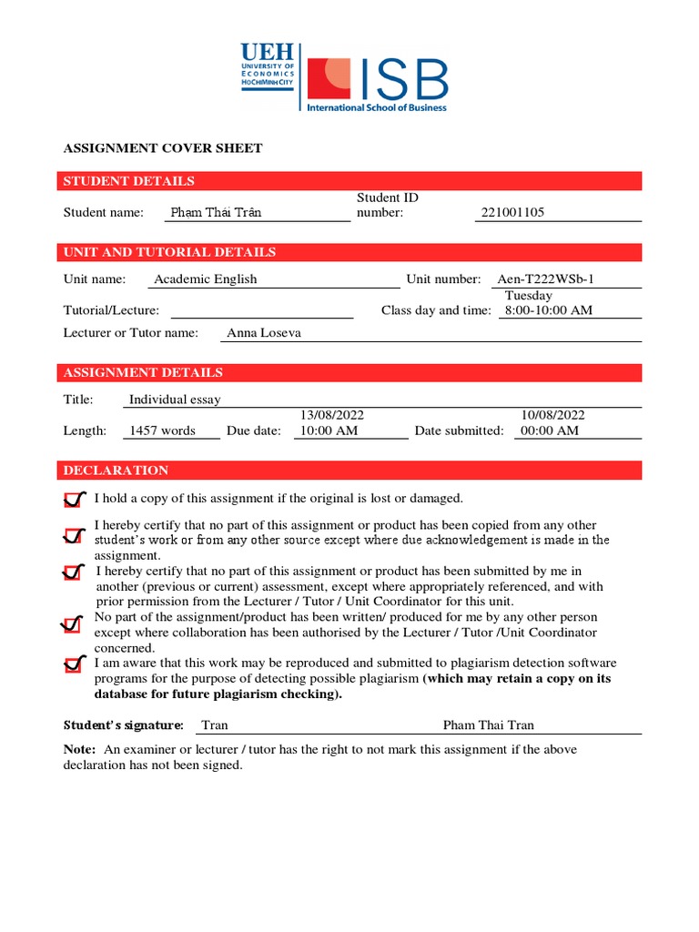AEn-T222WSB-1 - Pham Thai Tran - Individual Essay | PDF