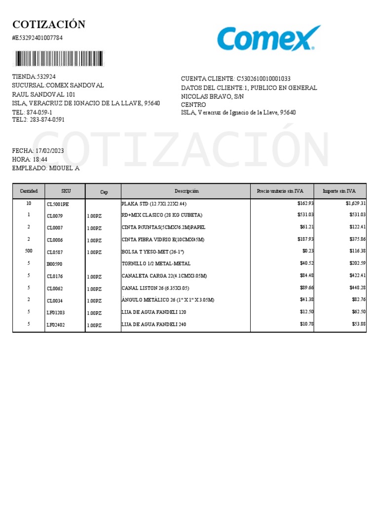 Cotización de materiales para construcción incluyendo plaka, cemento, cinta, bolsas, tornillos y ...