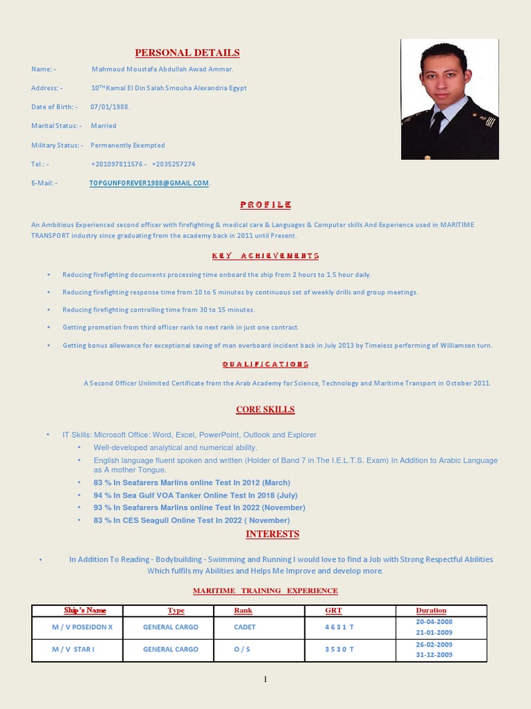 Latest Mahmoud Moustafa Ammar Second Mate CV | PDF | Transport | Water ...