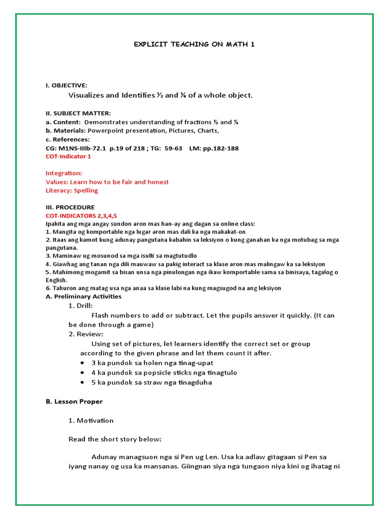 Cot Math 1 q3 Katunga One Fourth | PDF