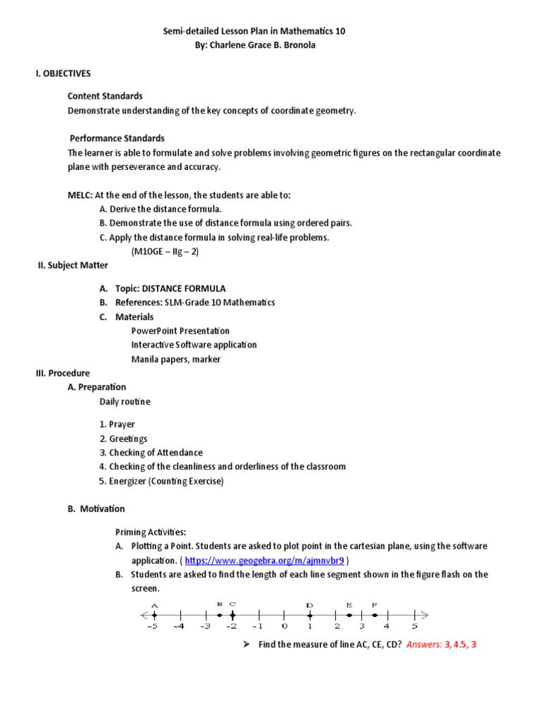 Lesson Plan-Distance-Formula | PDF | Equations | Plane (Geometry)