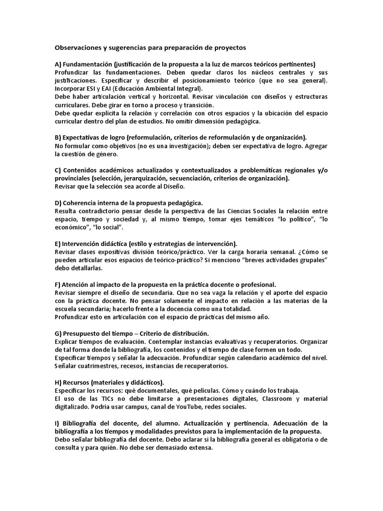 Observaciones y Sugenrencias para Preparación de Proyectos | PDF | Evaluación | Cognición