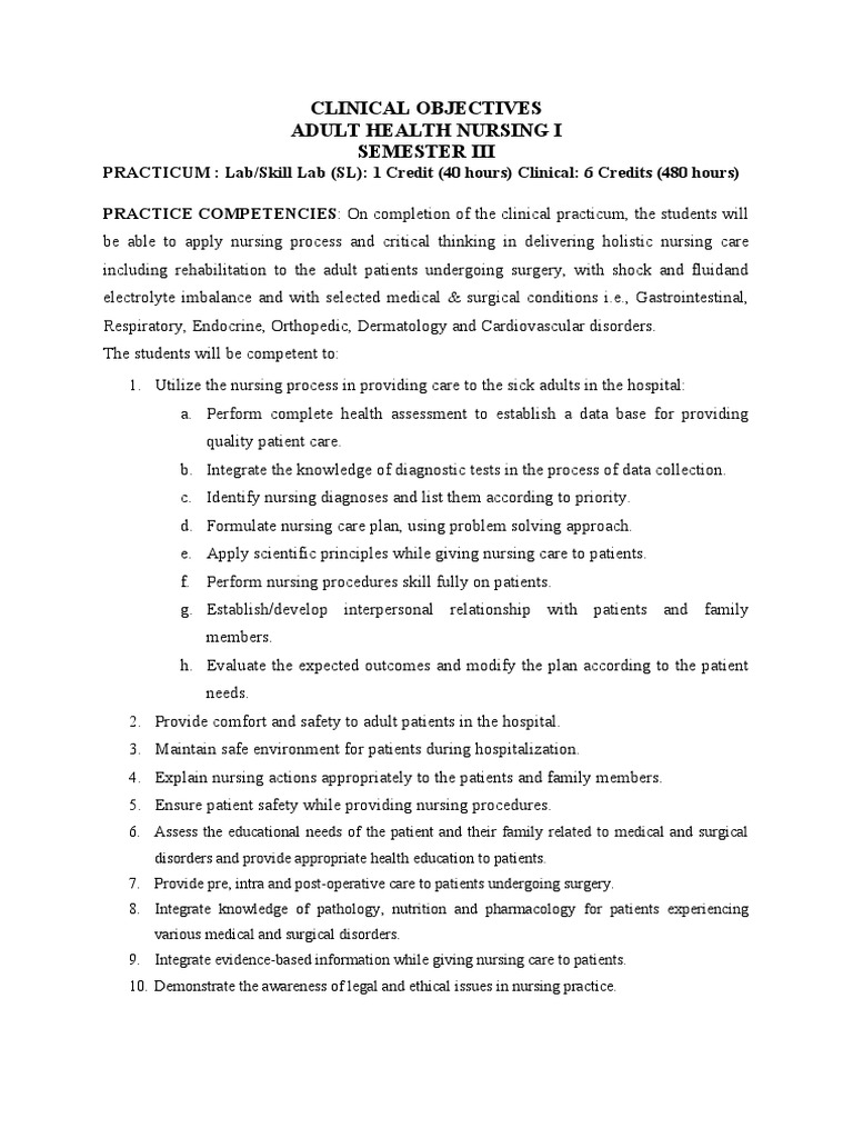 Clinical Objectives For Adult Health Nursing | PDF