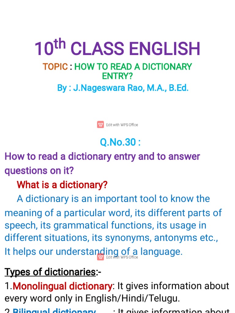 10th CLASS ENGLISH - READING A DICTIONARY ENTRY PDF | PDF | English ...