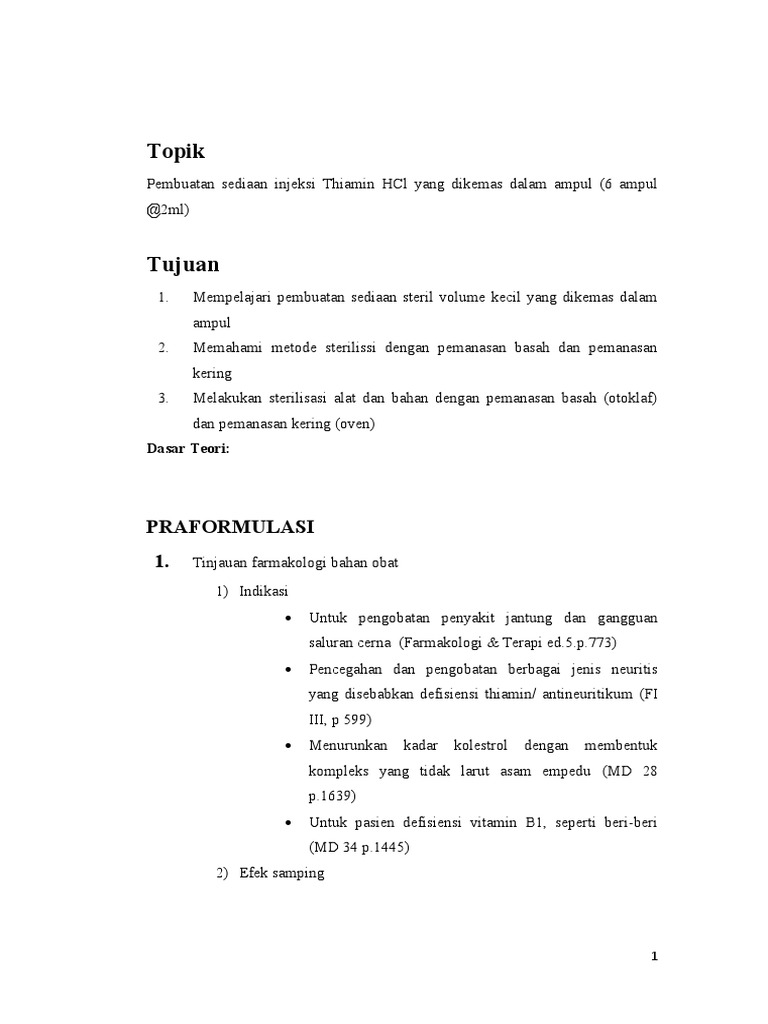Laporan Steril Injeksi Thiamin HCL | PDF