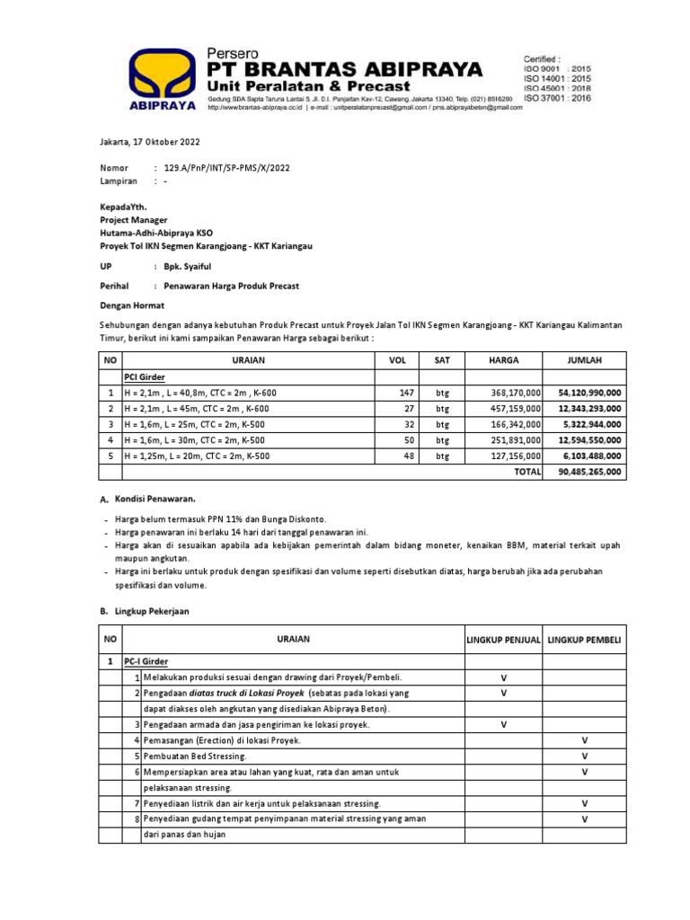 Surat Penawaran PCI Girder IKN (Refer To DED) | PDF | Teknologi & Rekayasa