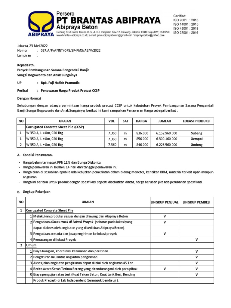 Penawaran Harga Precast CCSP Bogowonto | PDF