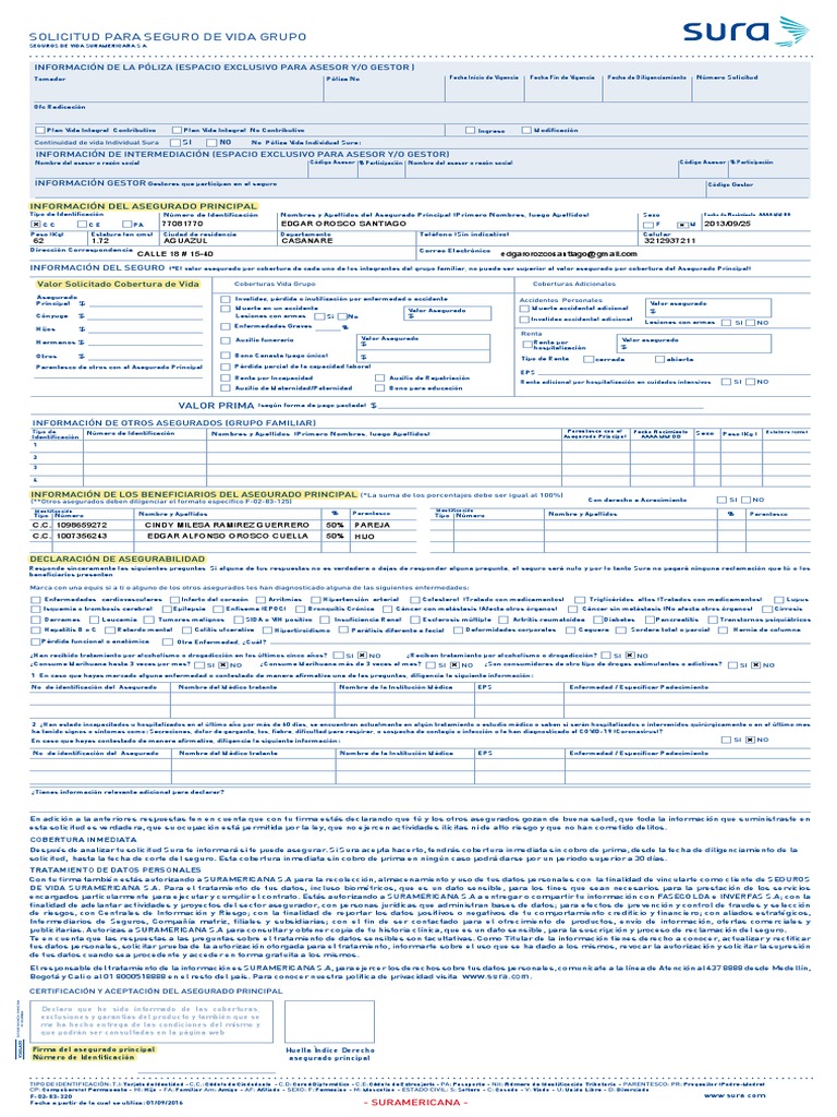Solicitud Seguros de Vida Grupo - Editable | Descargar gratis PDF ...