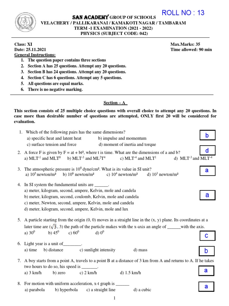 Roll No 13 Phy Term 1 Paper | PDF | Rotation Around A Fixed Axis | Acceleration