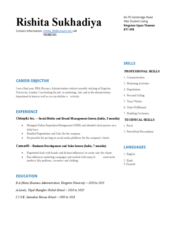 Rishita S - Resume | PDF | Sales | Communication