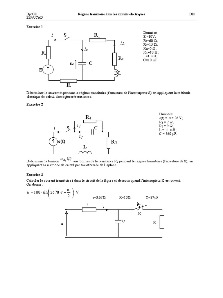 Exercices sur le régime transitoire | PDF | Électrotechnique | Électricité