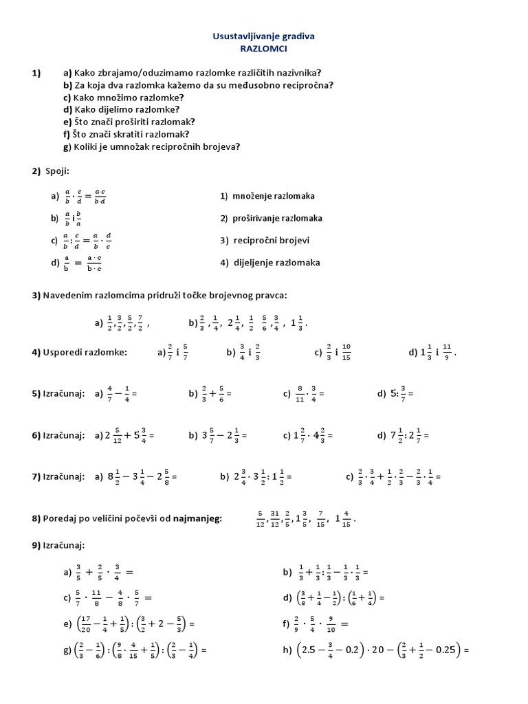 Razlomci Usustavljivanje Gradiva 6raz | PDF