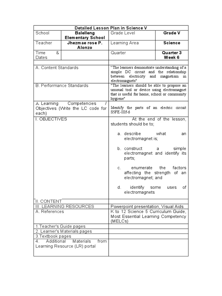 Detailed Lesson Plan in Science V | PDF | Lesson Plan | Learning