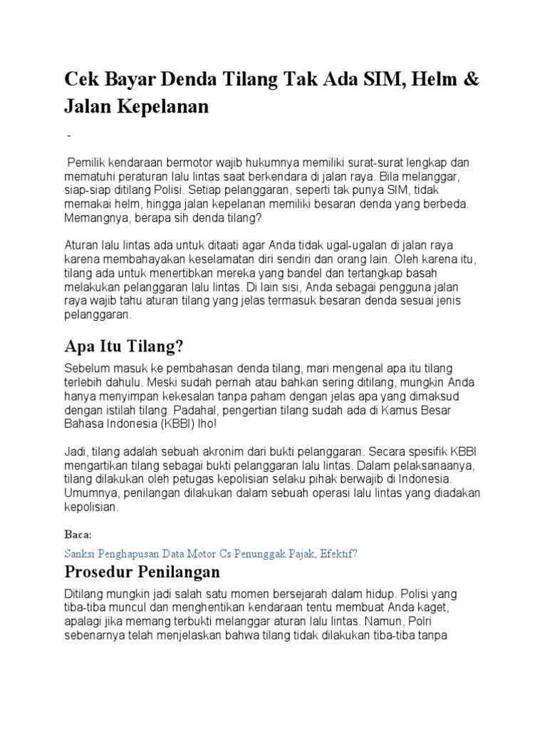 Daftar Besaran Denda Tilang ETLE, Tak Pakai Helm Kena Ratusan Ribu Rupiah | PDF