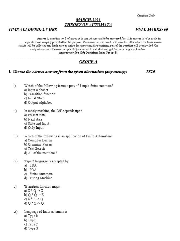 Automata Theory Exam Questions March 2023 | PDF | Applied Mathematics ...