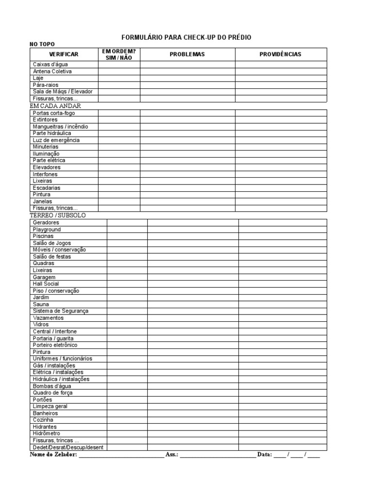 Checklist completo para inspeção de itens e equipamentos de um prédio ...